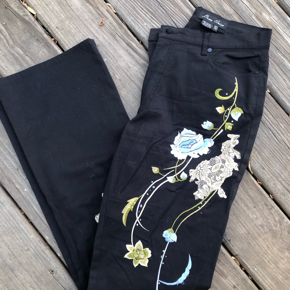 Lana Erica Black Embroidered Jeans Sz 10 - Gem